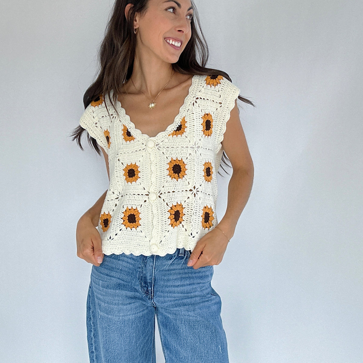 Sunflower Crochet Vest – Blue Magnolia
