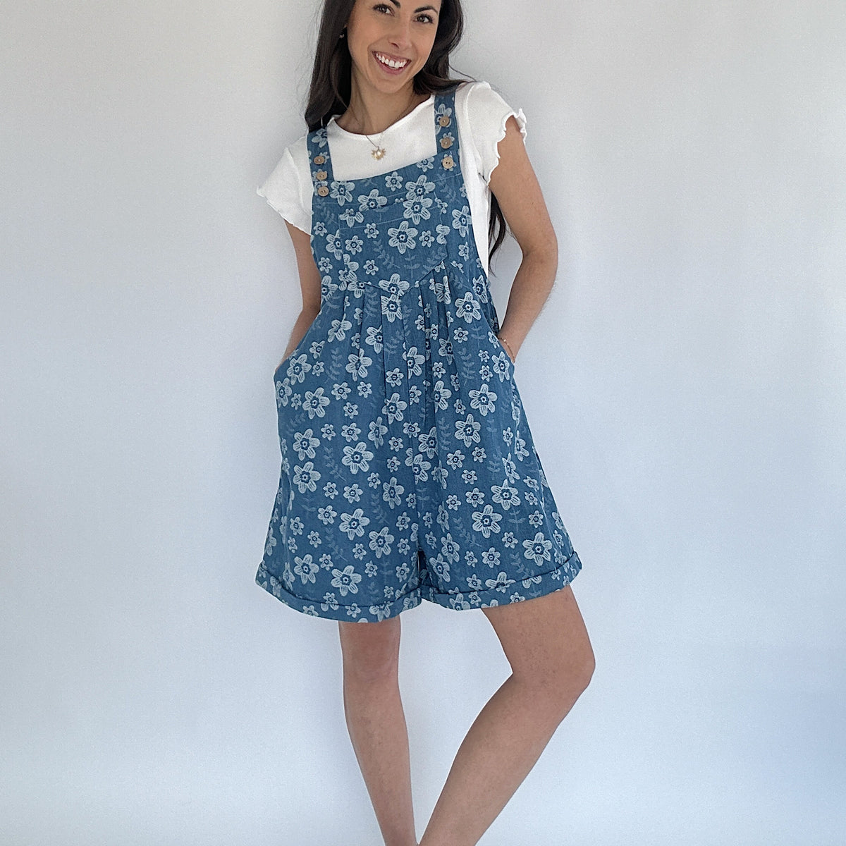 Serene Floral Embroidered Shortalls – Blue Magnolia